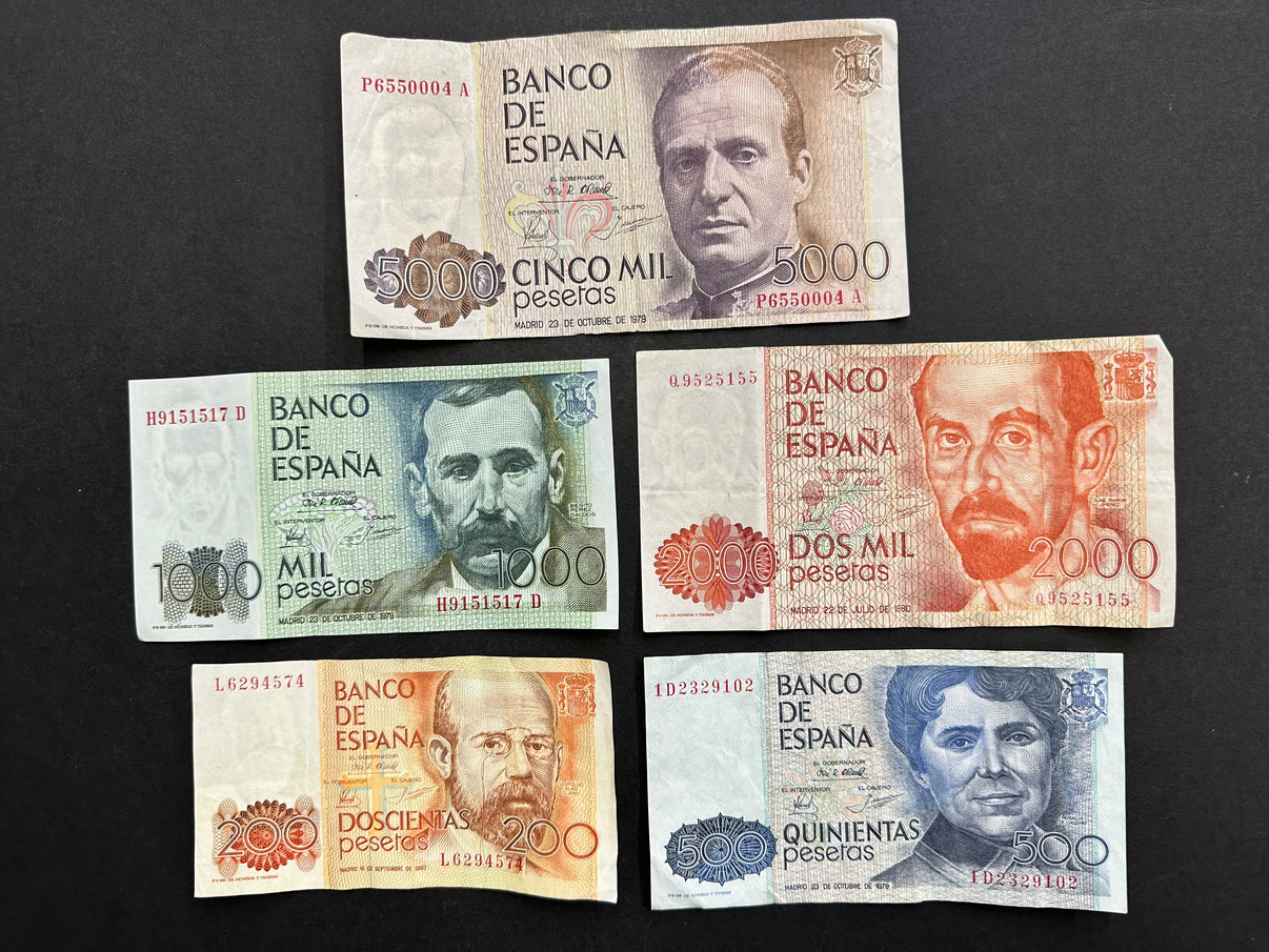 Spanish Peseta Banknote Set. 5000, 2000, 1000, 500 and 200 notes ...