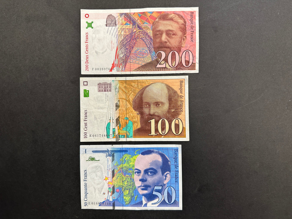 Set of 3 French Franc Banknotes from the 1990s - 200, 100 and 50 Franc ...